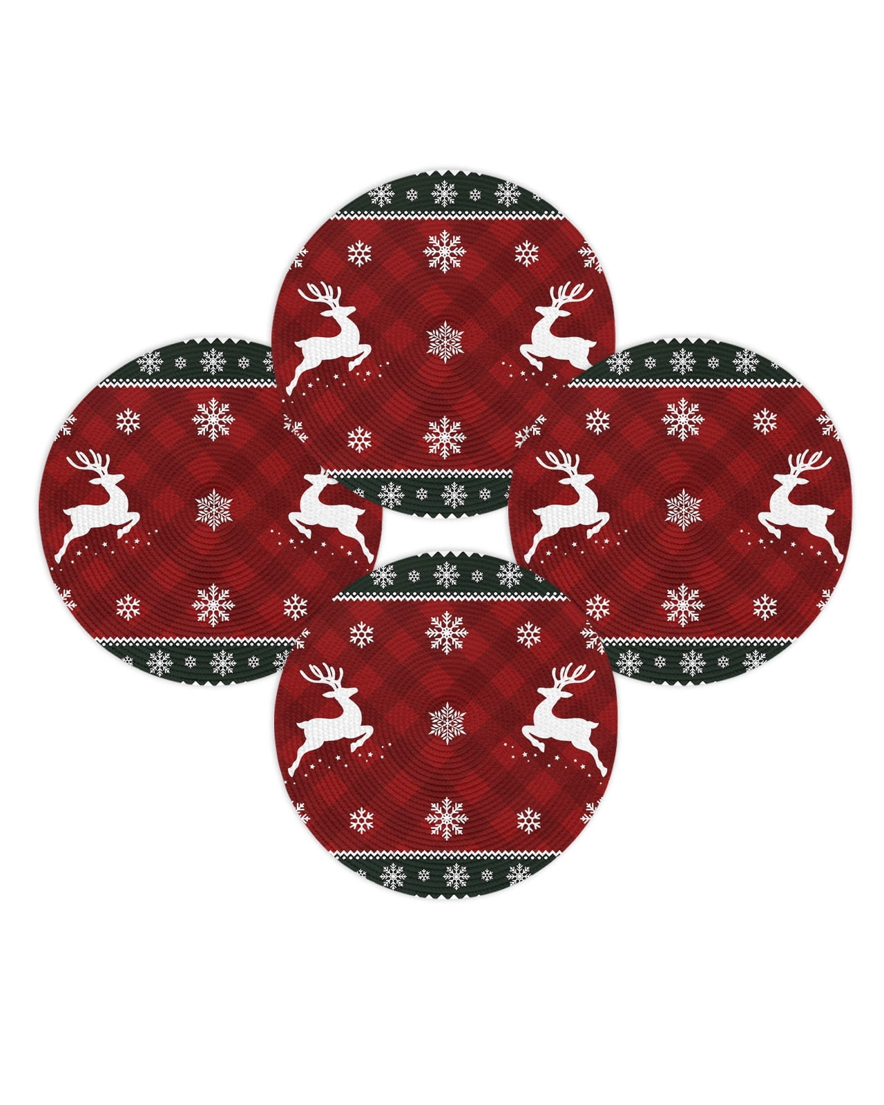 Christmas Round Placemats Set of 4 Elk Deer Snowflake Place Mats Washable Woven Placemat Buffalo ...