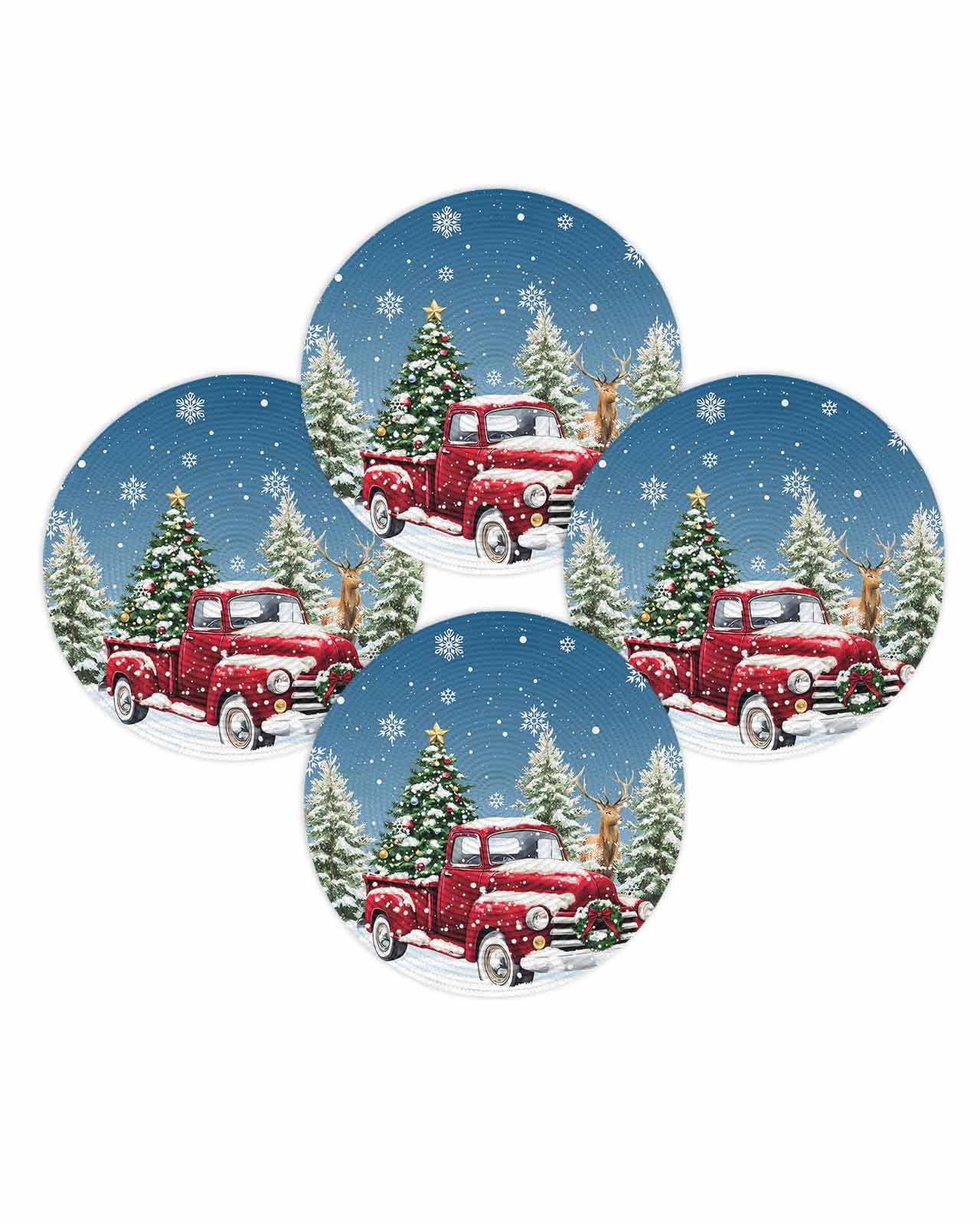 Christmas Round Placemats Set of 4 Red Truck Pine Tree Forest Place ...