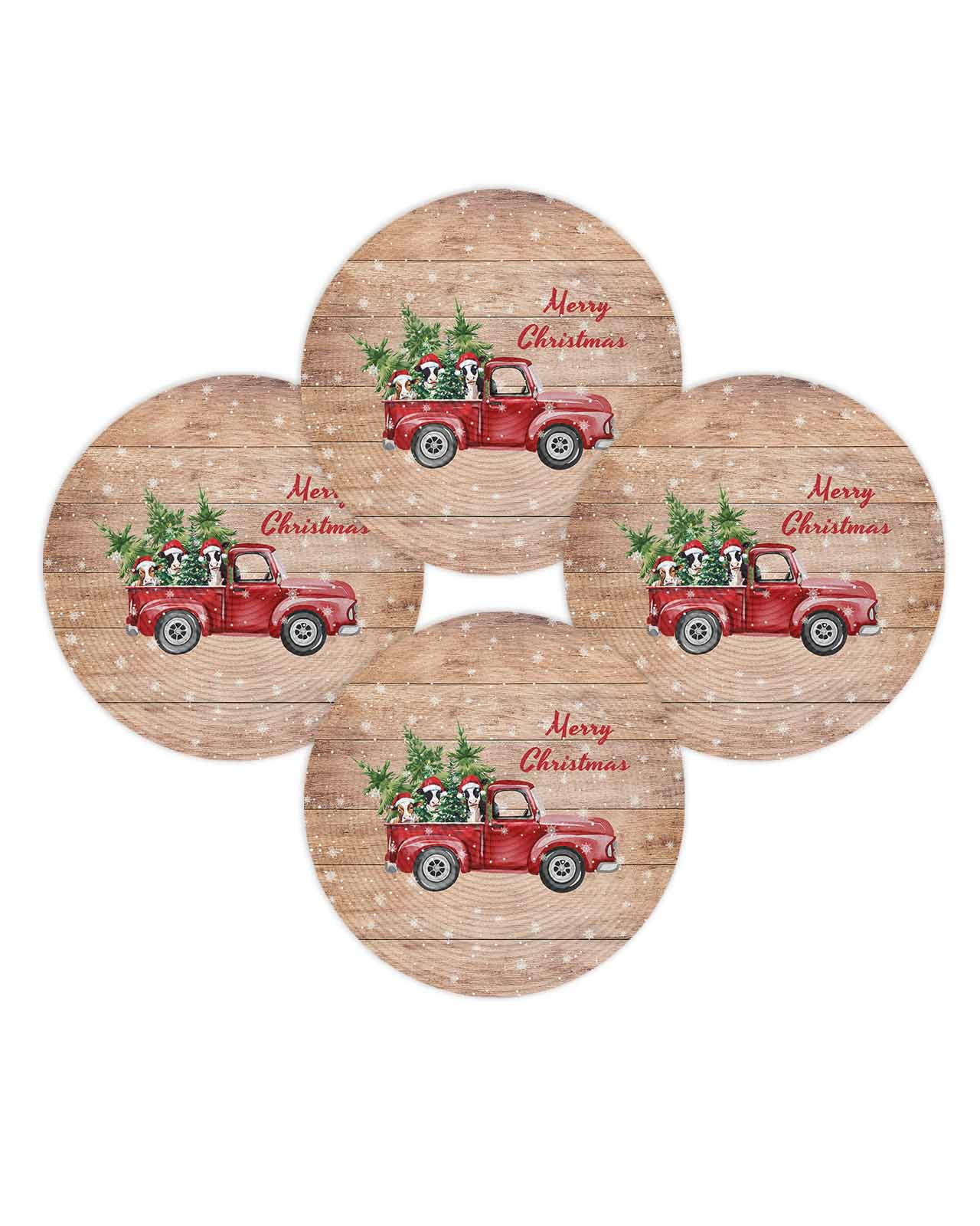 Christmas Round Placemats Set of 4 Red Truck Place Mats Washable Woven ...