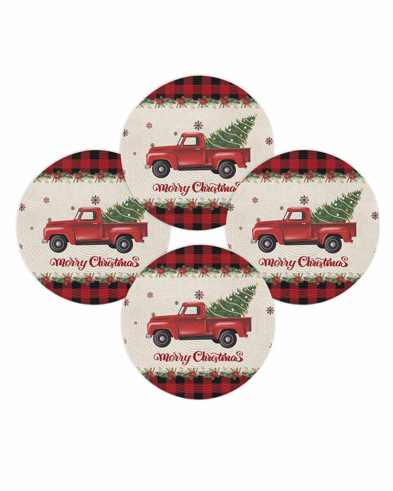 Christmas Round Placemats Set of 4 Red Truck Xmas Tree Place Mats Woven ...