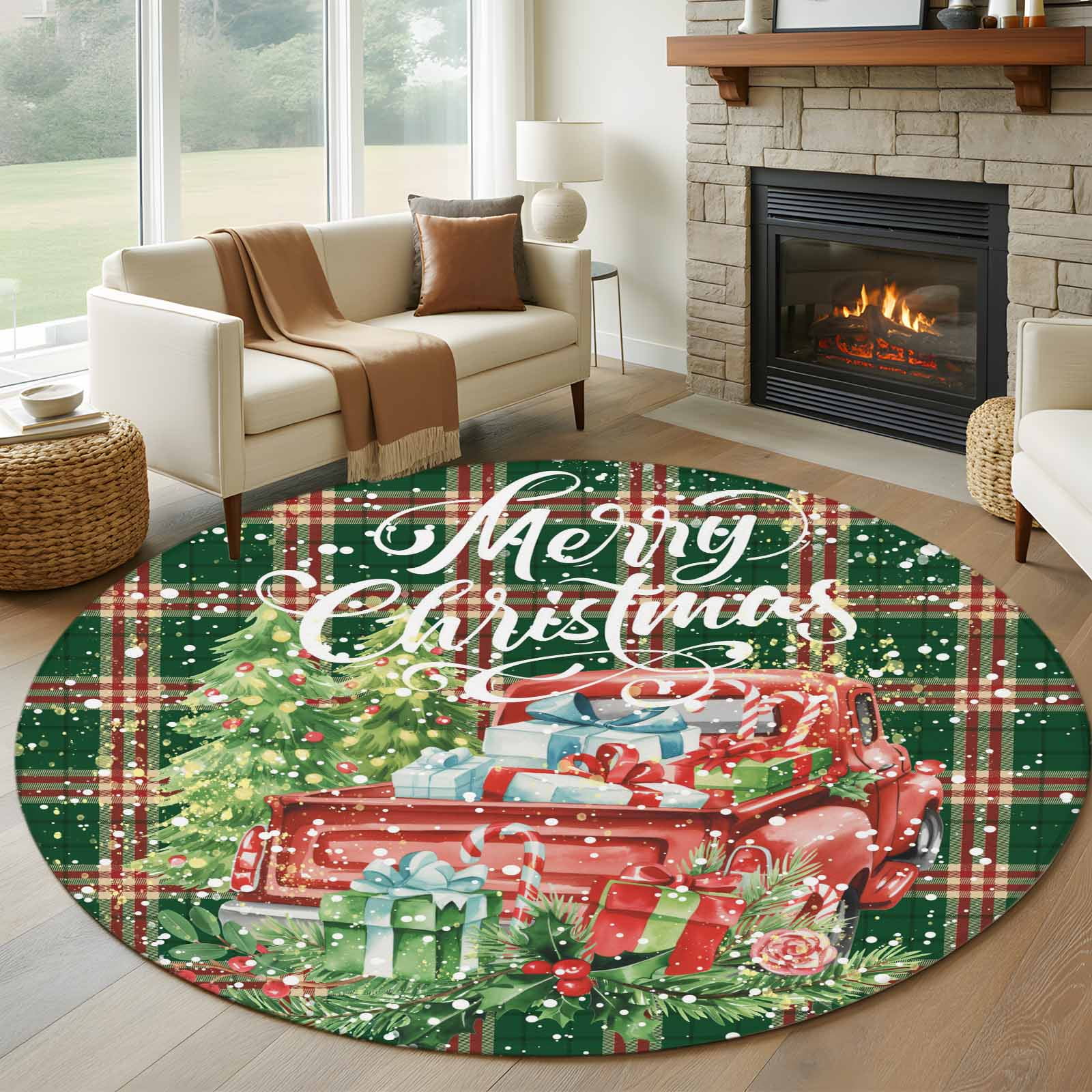 Christmas Round Rug 5ft Washable Circle Kitchen Rugs Non Slip Winter ...