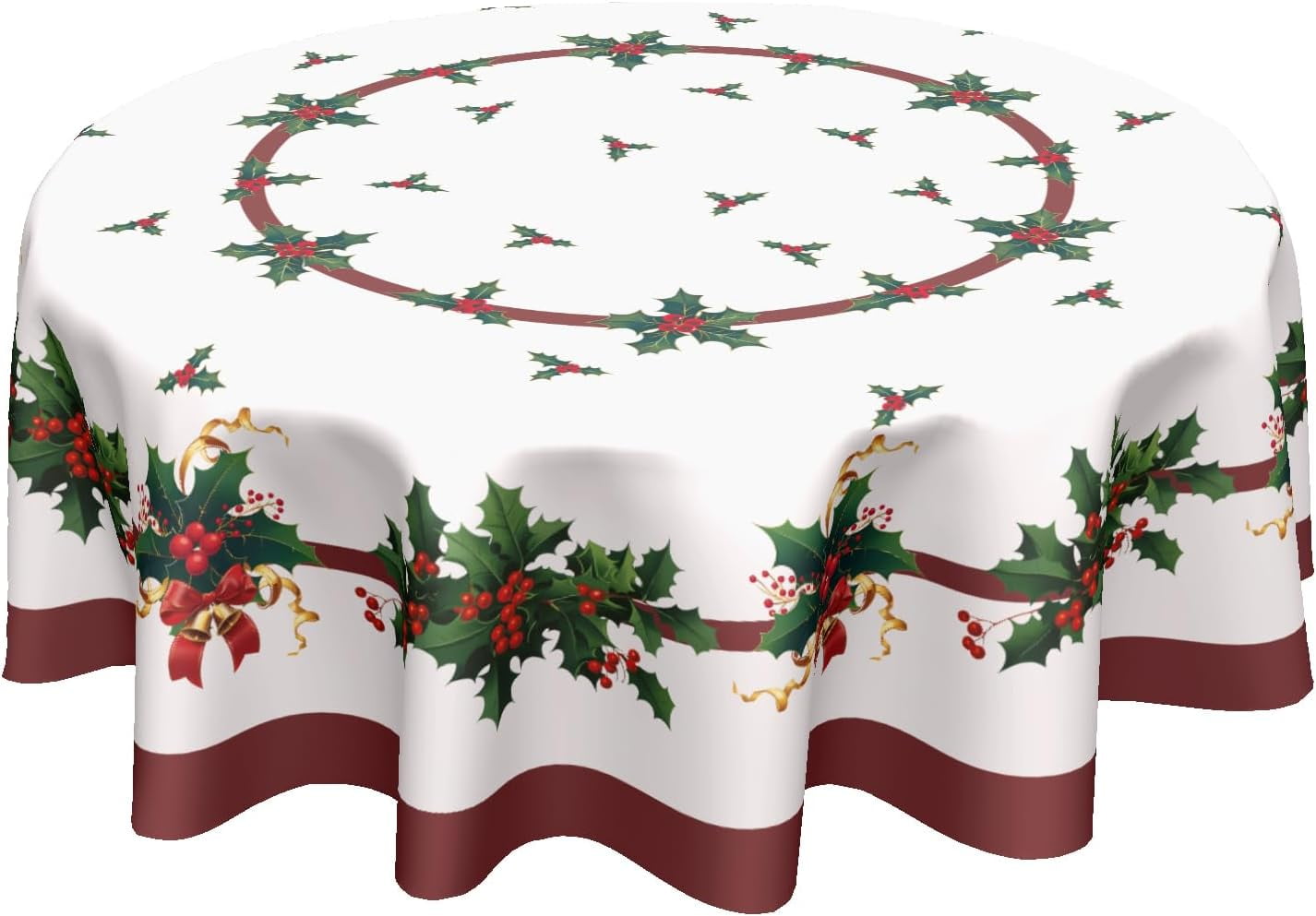 Christmas Round Tablecloth 60 Inch Christmas Holly Berry Ribbon ...