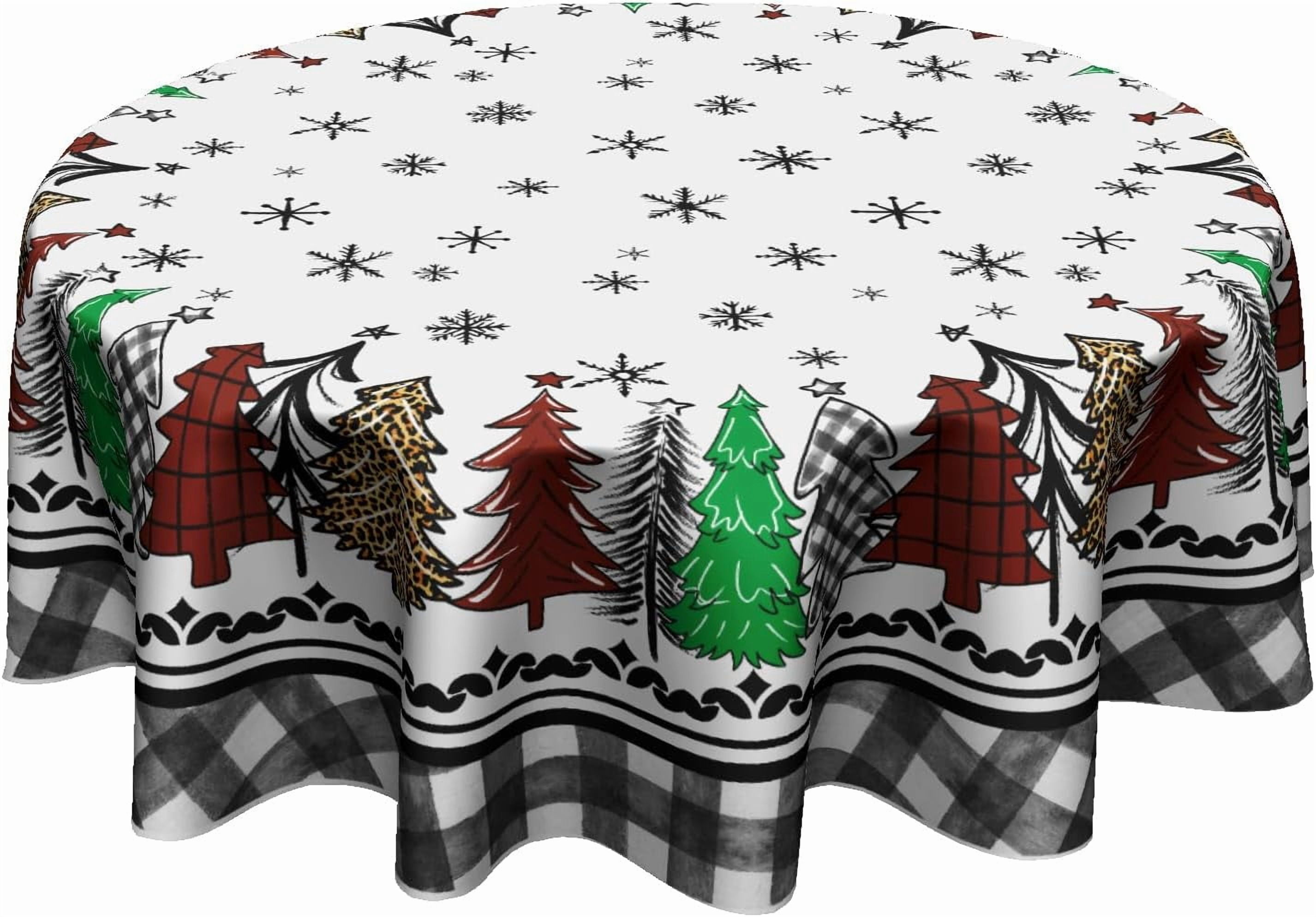 Christmas Round Tablecloth 60 Inch Snowflake Xmas Trees Black Buffalo ...