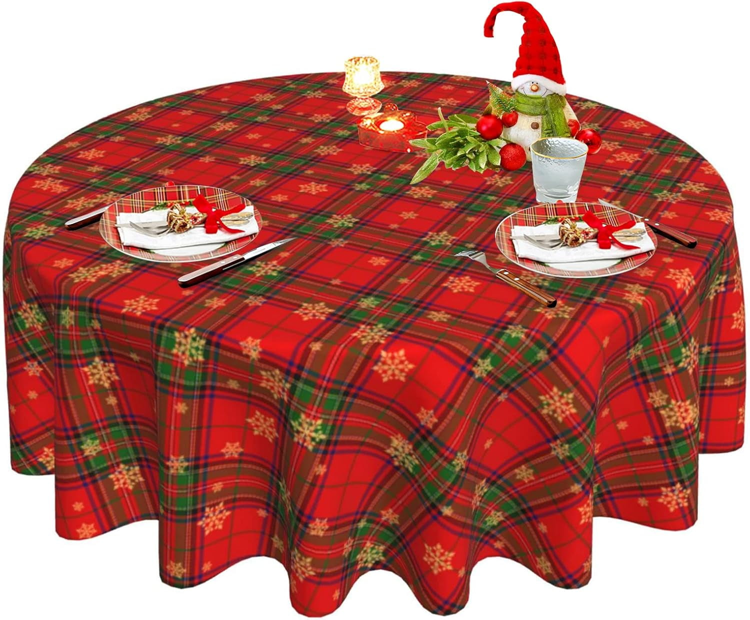 Christmas Round Tablecloth 60 Inch, Winter Snowflake Red Green Plaid ...