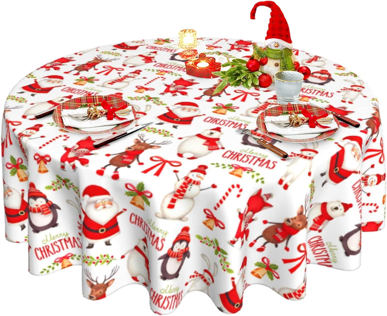 Christmas Round Tablecloth 60 Inch, Winter Snowman Santa Table Cloth ...
