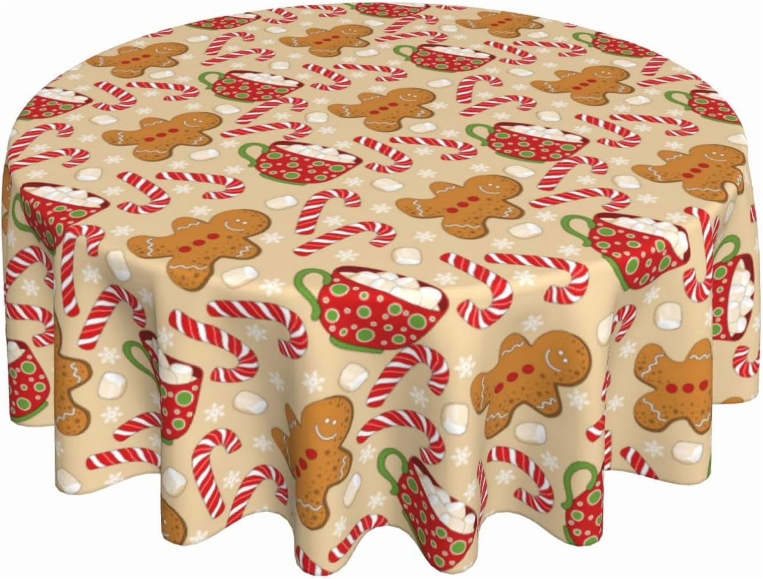 Christmas Round Tablecloth 70 Inch Gingerbread Man Candy Cane Snowflake ...