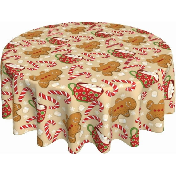 Christmas Round Tablecloth 70 Inch Gingerbread Man Candy Cane Snowflake ...