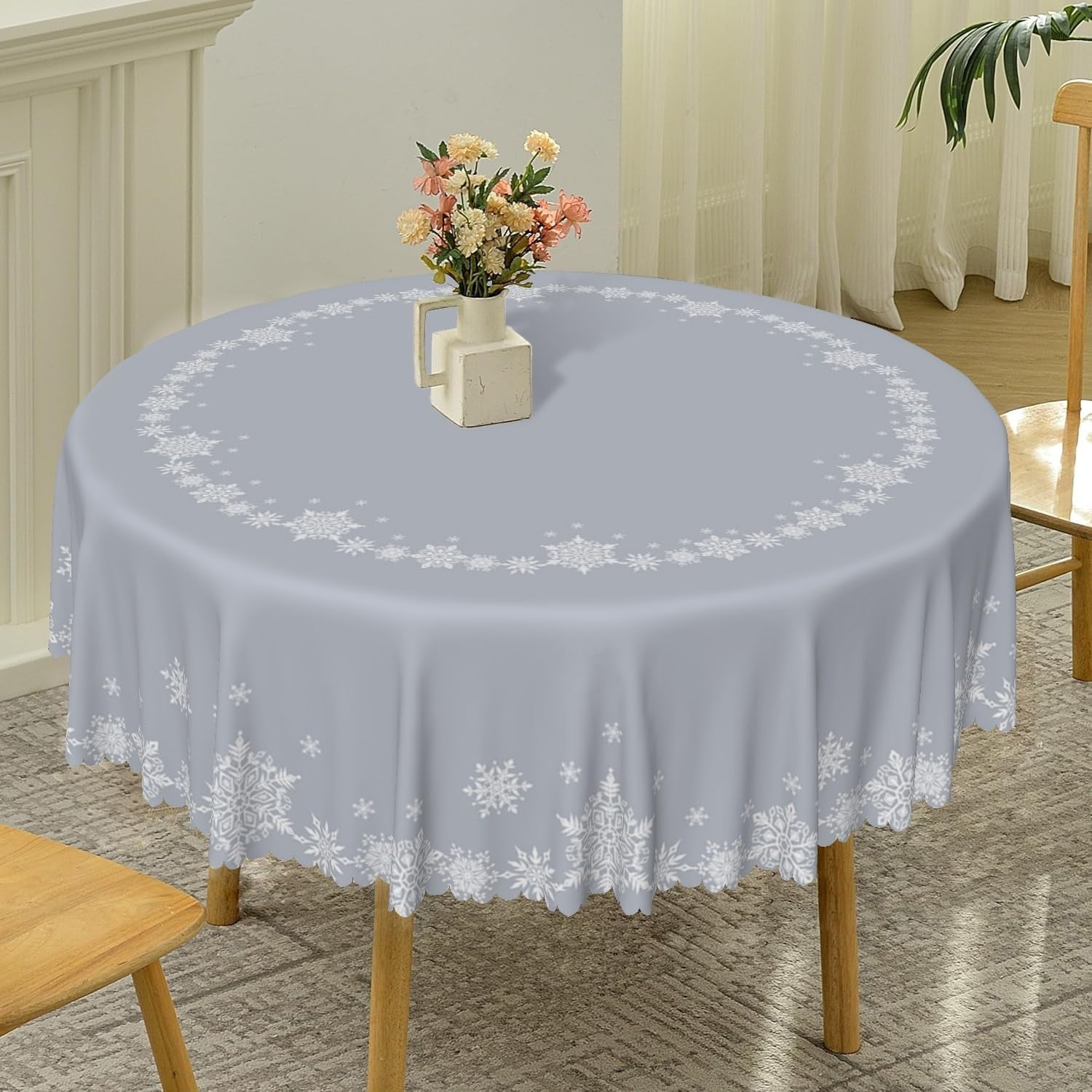 Christmas Round Tablecloth 70 Inch Grey and White Snowflakes Circular ...