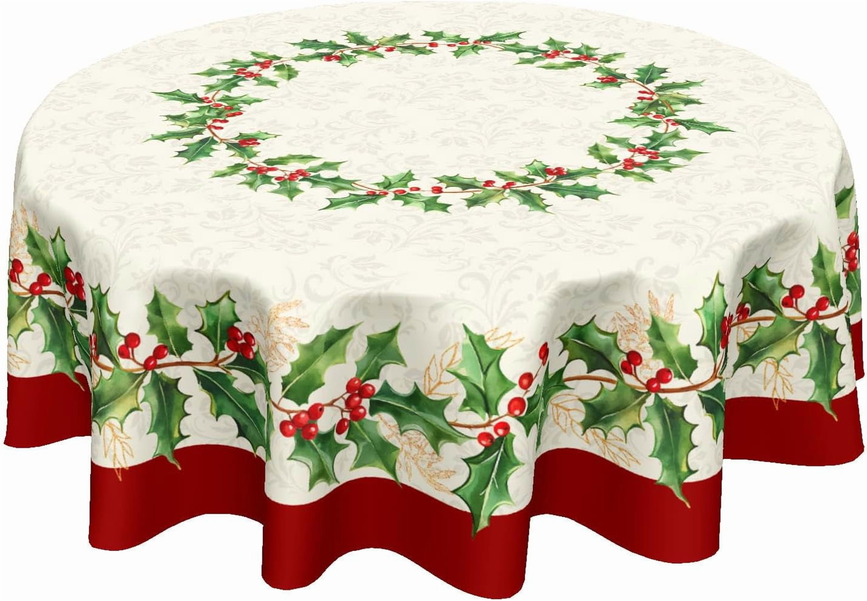 Christmas Round Tablecloth 70 Inch Red Xmas Holly Leaves Berries ...