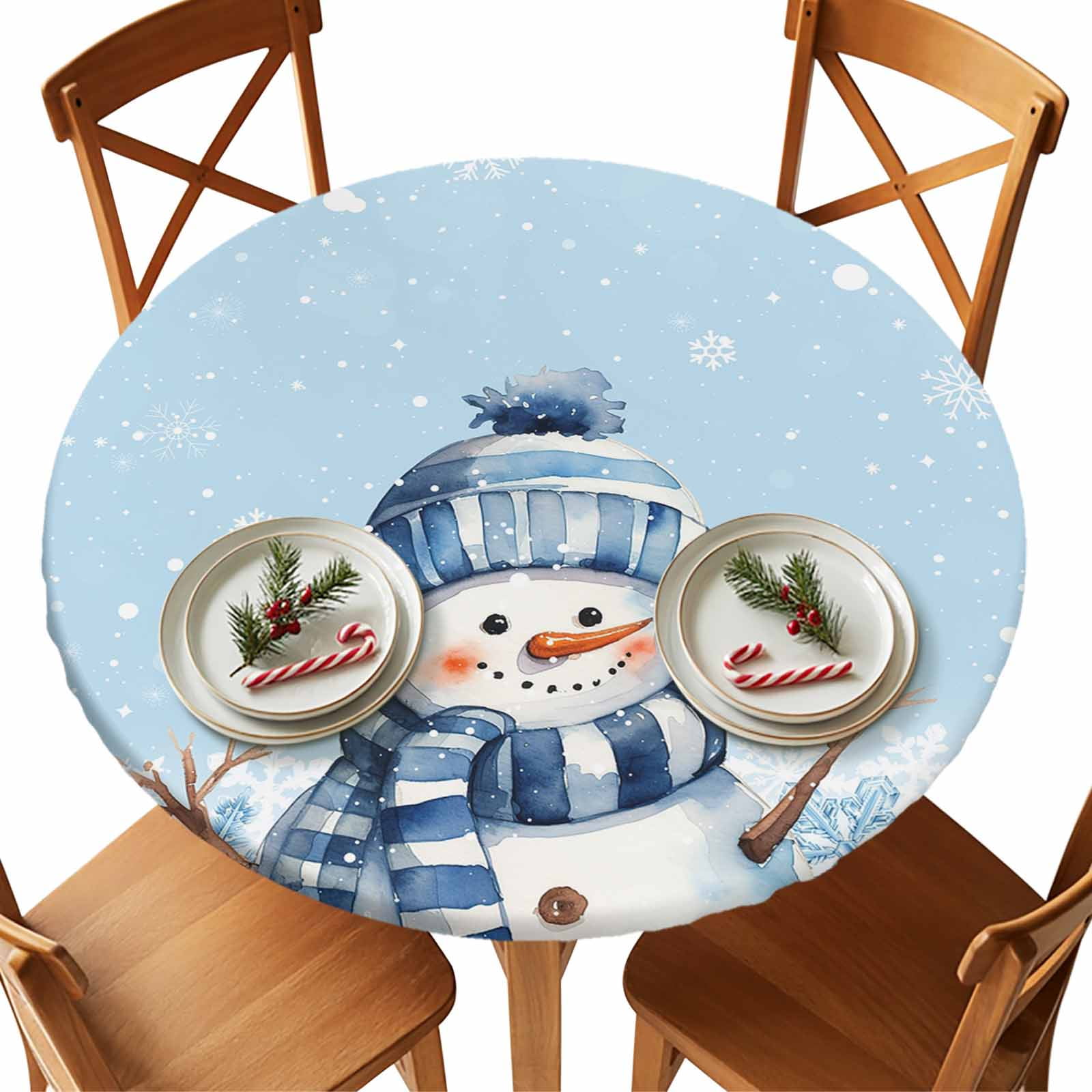 Christmas Round Tablecloth Blue Snowman Snowflake Tablecloths with ...