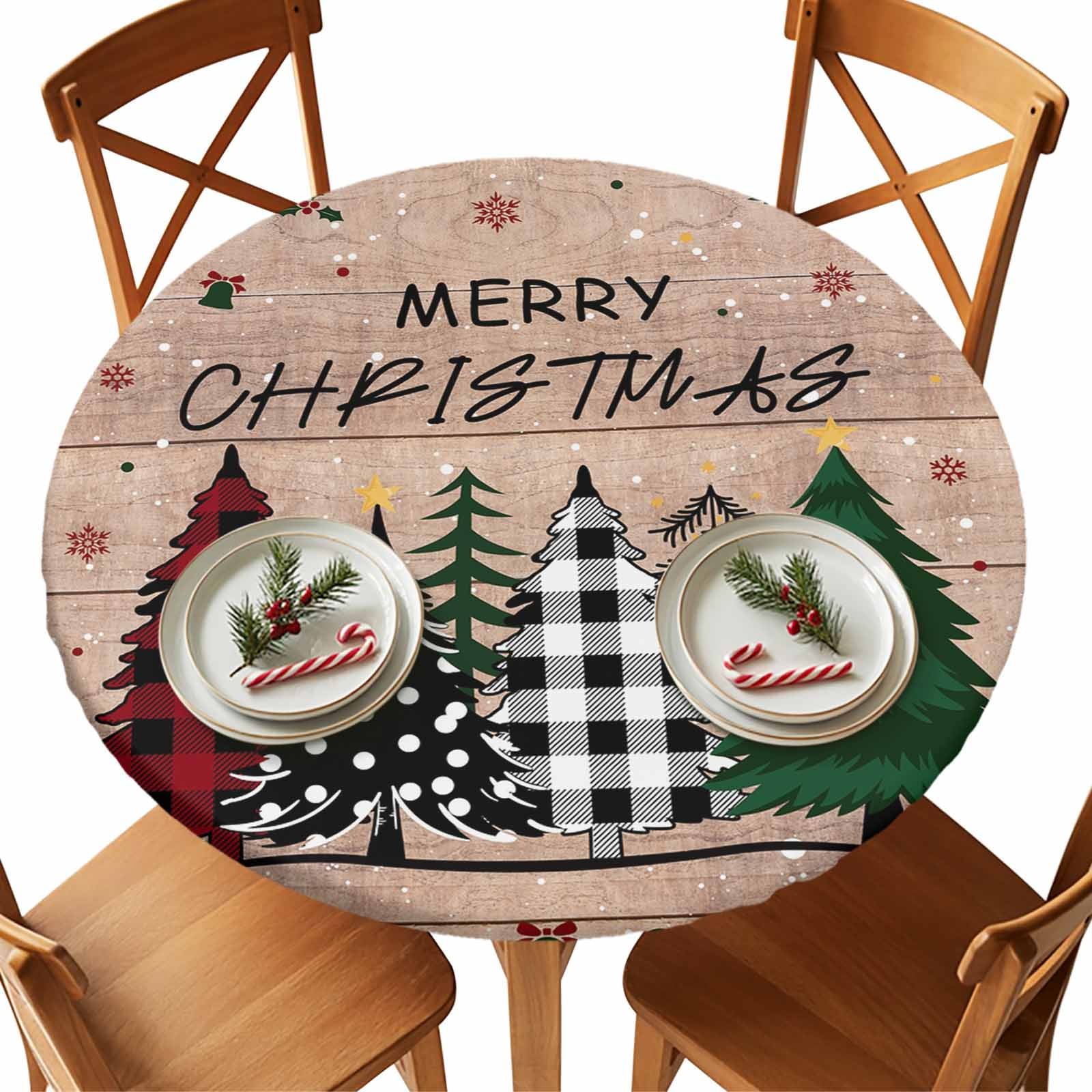 Christmas Round Tablecloth Buffalo Plaid Xmas Tree Forest Tablecloths ...