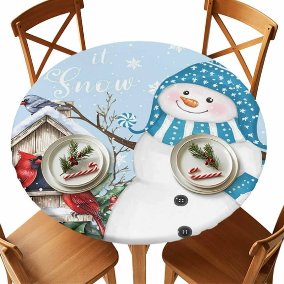 Christmas Round Tablecloth Cardinal Bird Snowman Tablecloths with ...