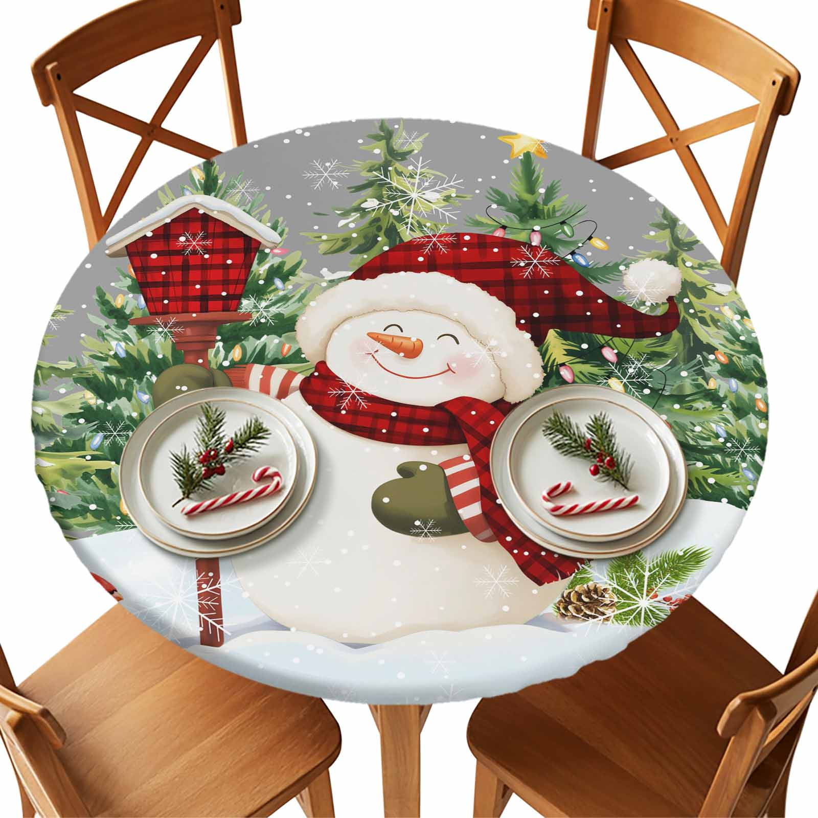 Christmas Round Tablecloth Cardinal Bird Snowman Tablecloths with ...