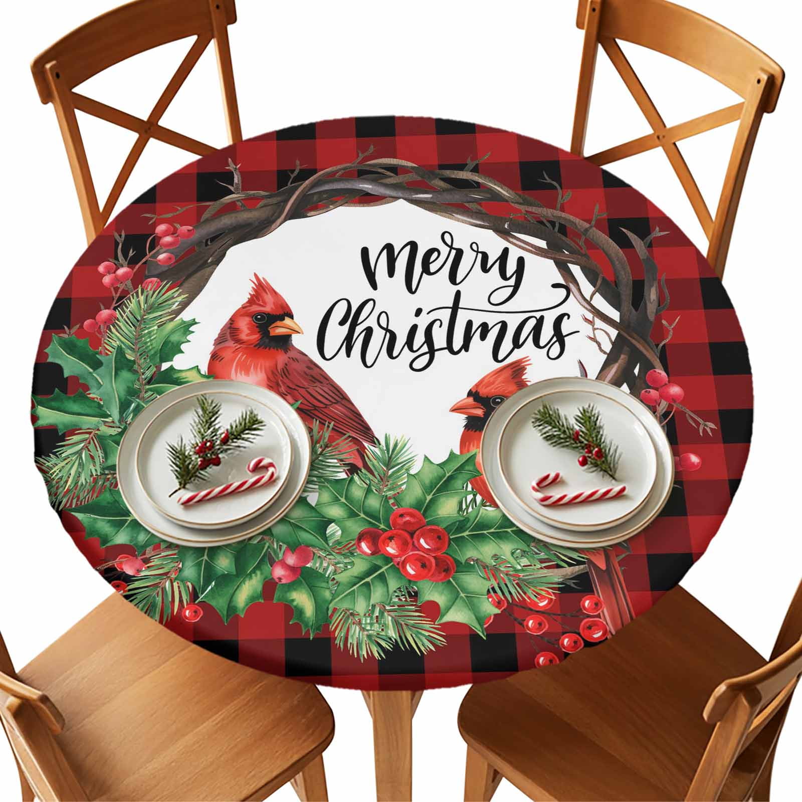 Christmas Round Tablecloth Cardinal Bird Tablecloths Elastic Edge ...
