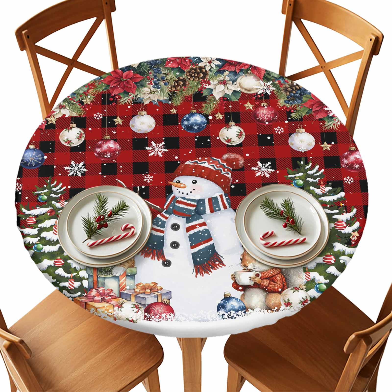 Christmas Round Tablecloth Christmas Balls Snowman Tablecloths Elastic ...