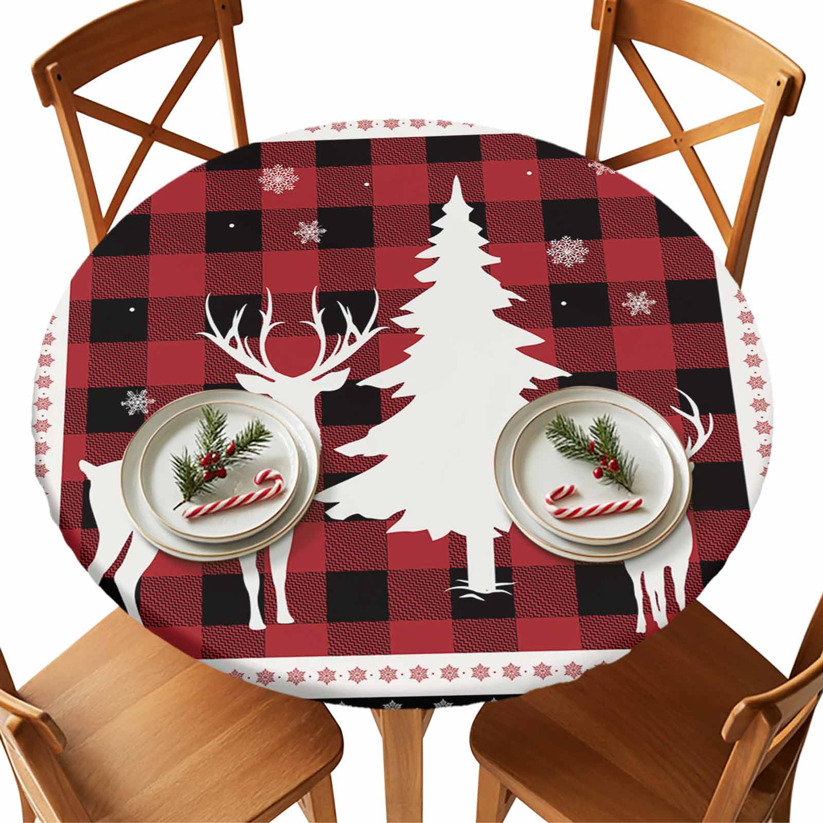 Christmas Round Tablecloth Christmas Reindeer Tablecloths Elastic Edge ...