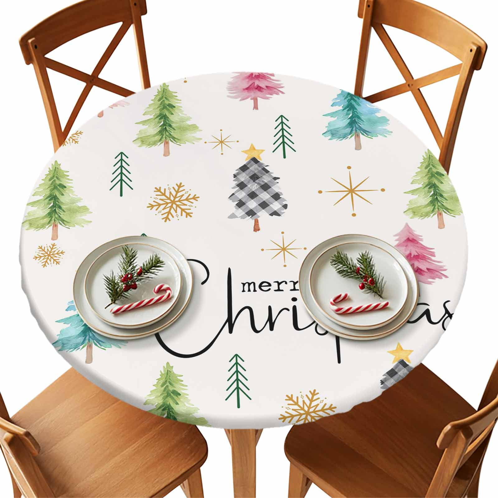 Christmas Round Tablecloth Colorful Christmas Tree Tablecloths with ...