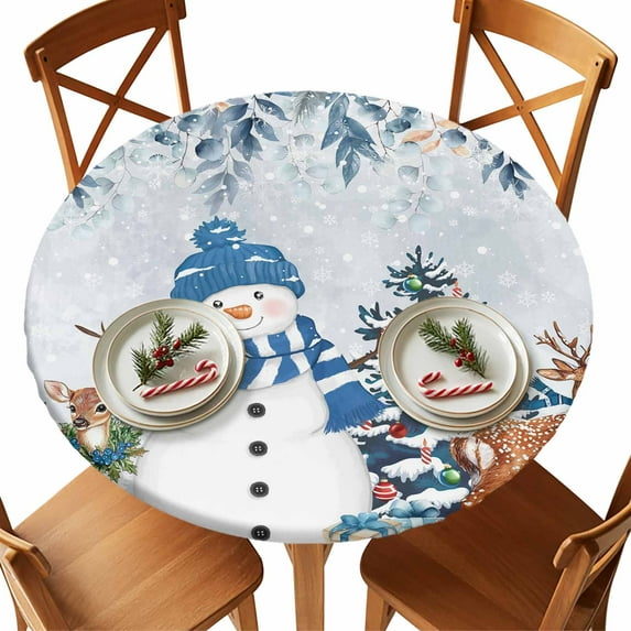 Christmas Round Tablecloth Deer Snowman Tablecloths with Elastic Edge ...