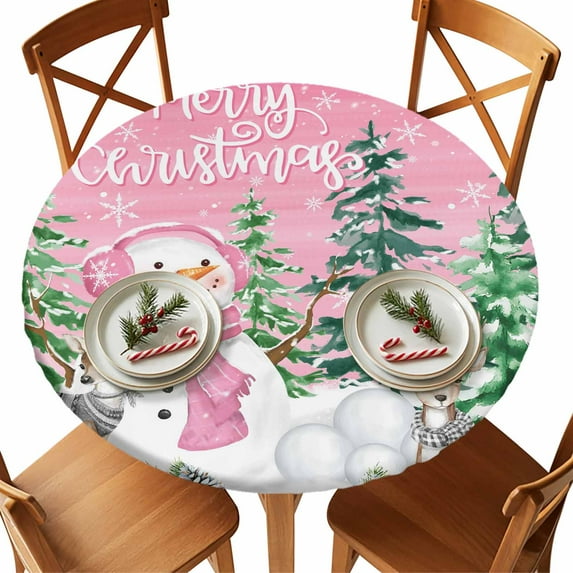 Christmas Round Tablecloth Deer Snowman Tablecloths with Elastic Edge ...