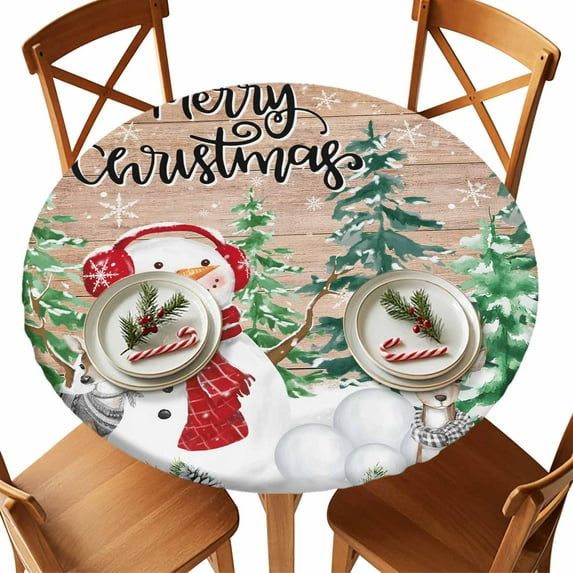 Christmas Round Tablecloth Deer Snowman Tablecloths with Elastic Edge ...