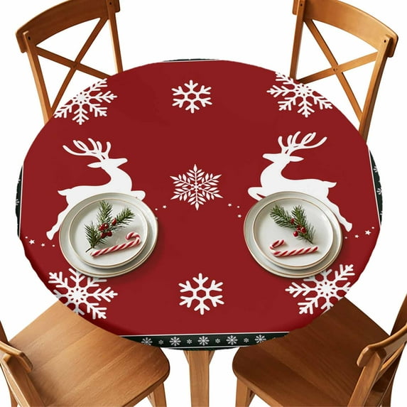 Christmas Round Tablecloth Elk Deer Snowflake Tablecloths with Elastic ...
