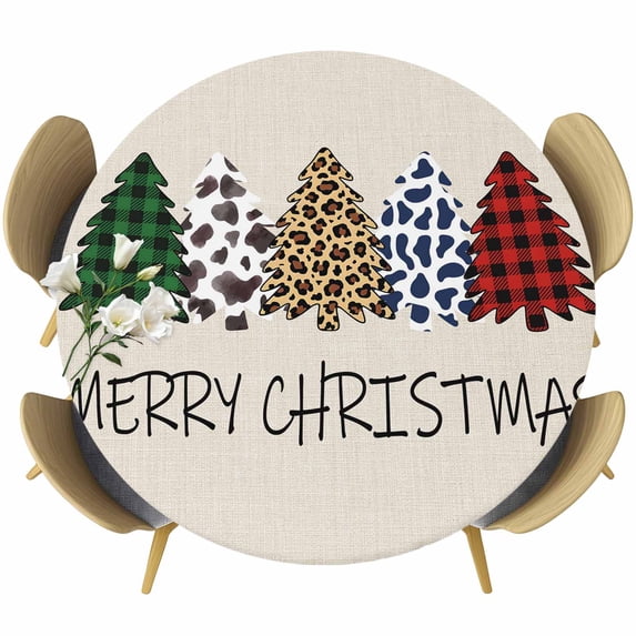 Christmas Round Tablecloth, Fitted Table Cover with Elastic for 36"-44 ...