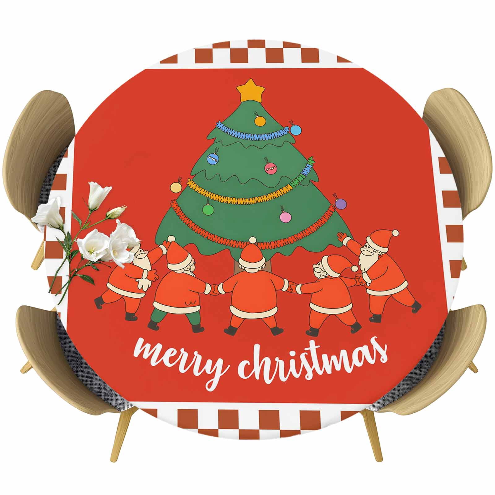 Christmas Round Tablecloth, Fitted Table Cover with Elastic for 45"-54 ...