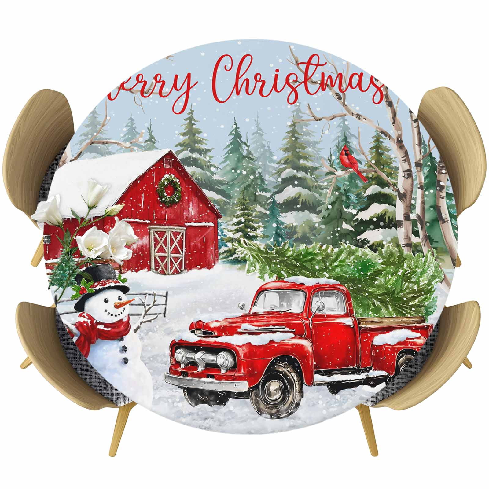 Christmas Round Tablecloth, Fitted Table Cover with Elastic for 45"-54 ...