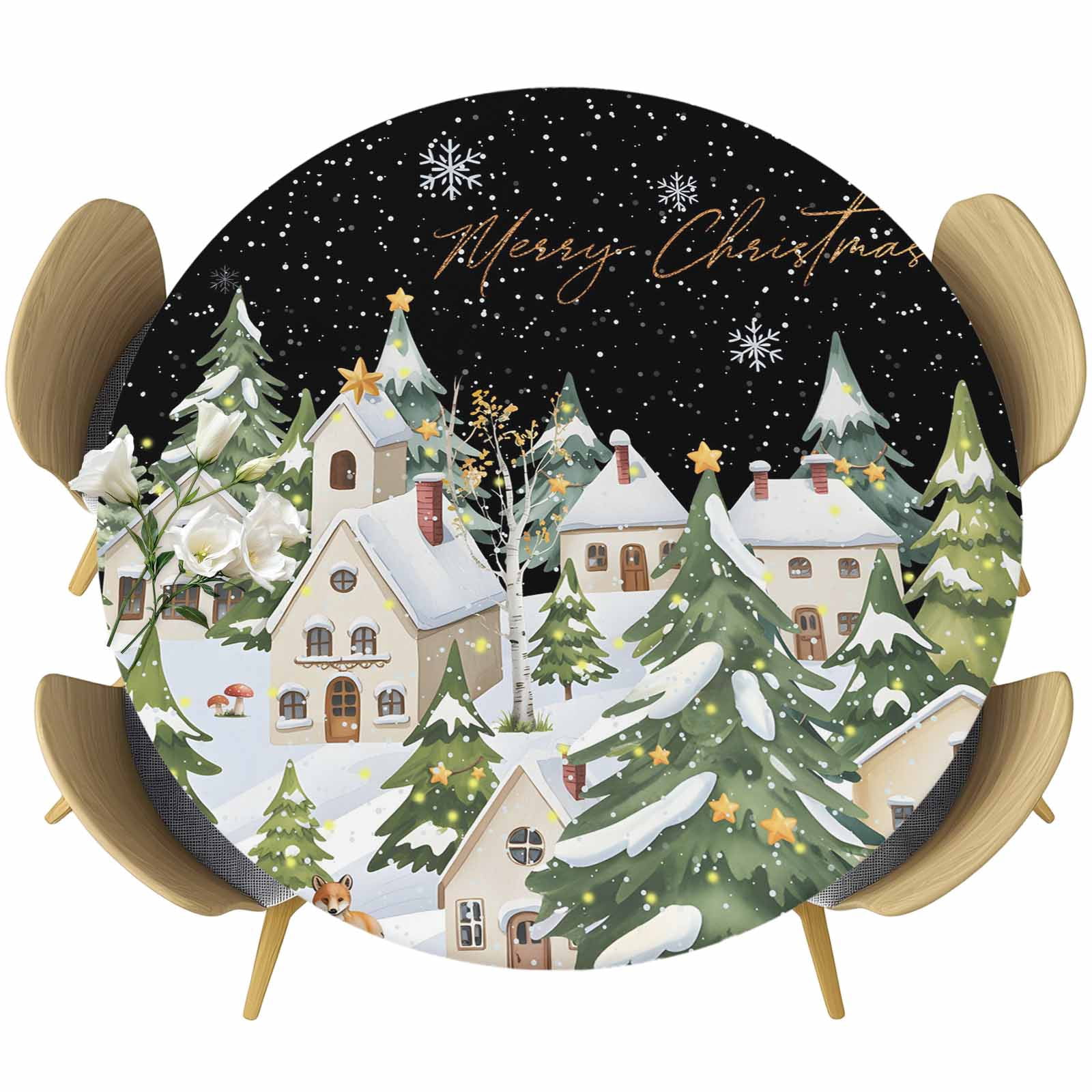 Christmas Round Tablecloth, Fitted Table Cover with Elastic for 45"-54 ...