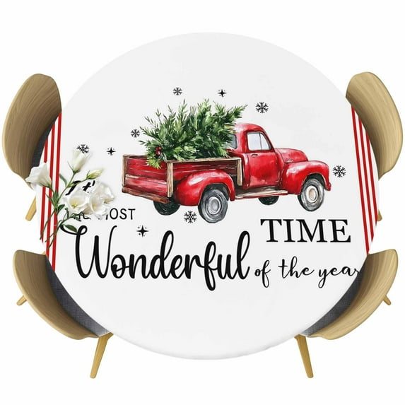 Christmas Round Tablecloth, Fitted Table Cover with Elastic for 45"-54 ...