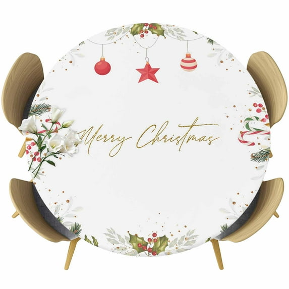 Christmas Round Tablecloth, Fitted Table Cover with Elastic for 55"-60 ...