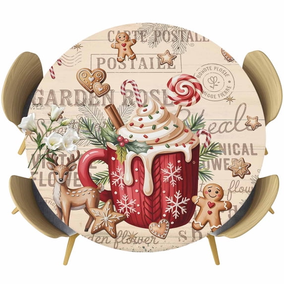 Christmas Round Tablecloth, Fitted Table Cover with Elastic for 55"-60 ...