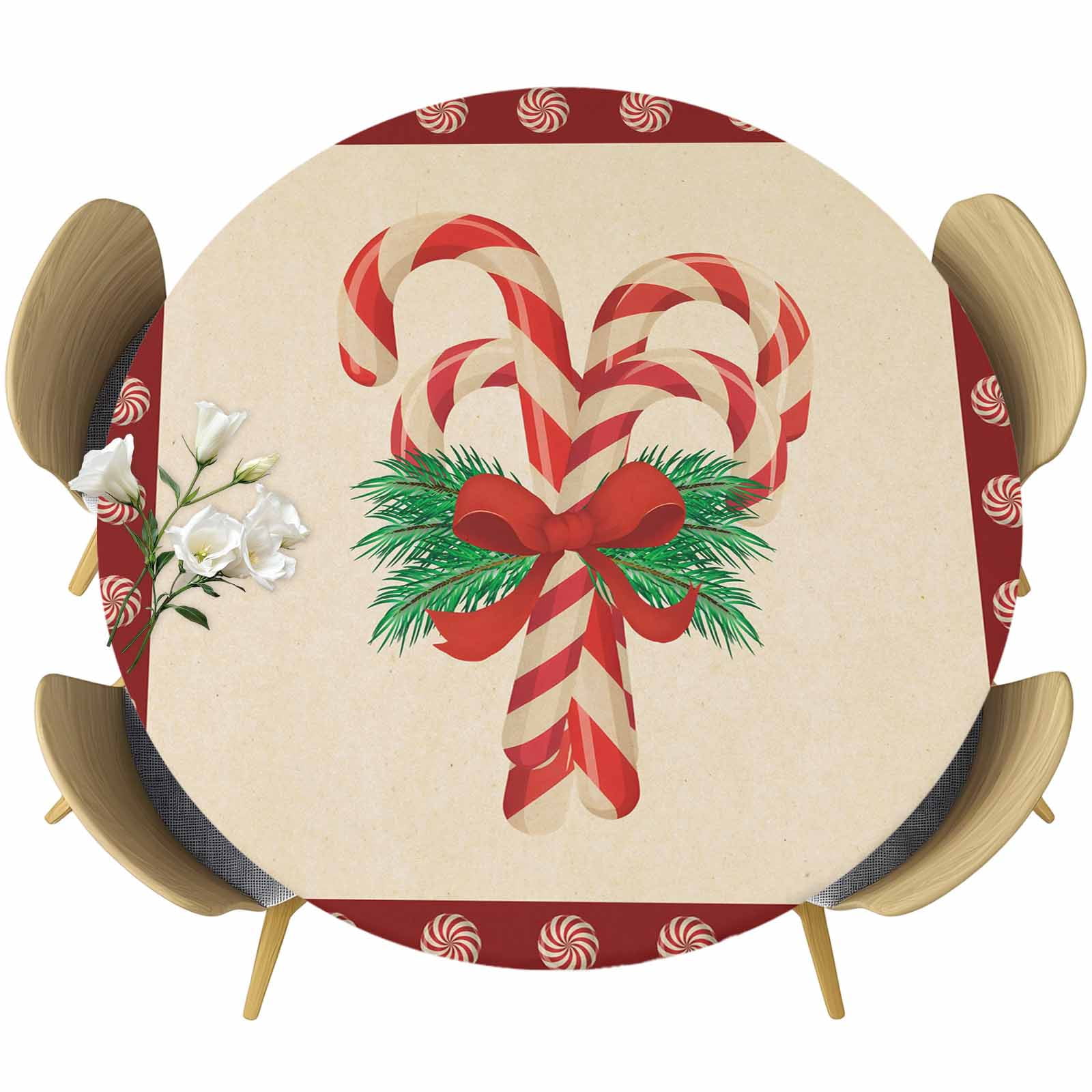 Christmas Round Tablecloth, Fitted Table Cover with Elastic for 55"-60 ...