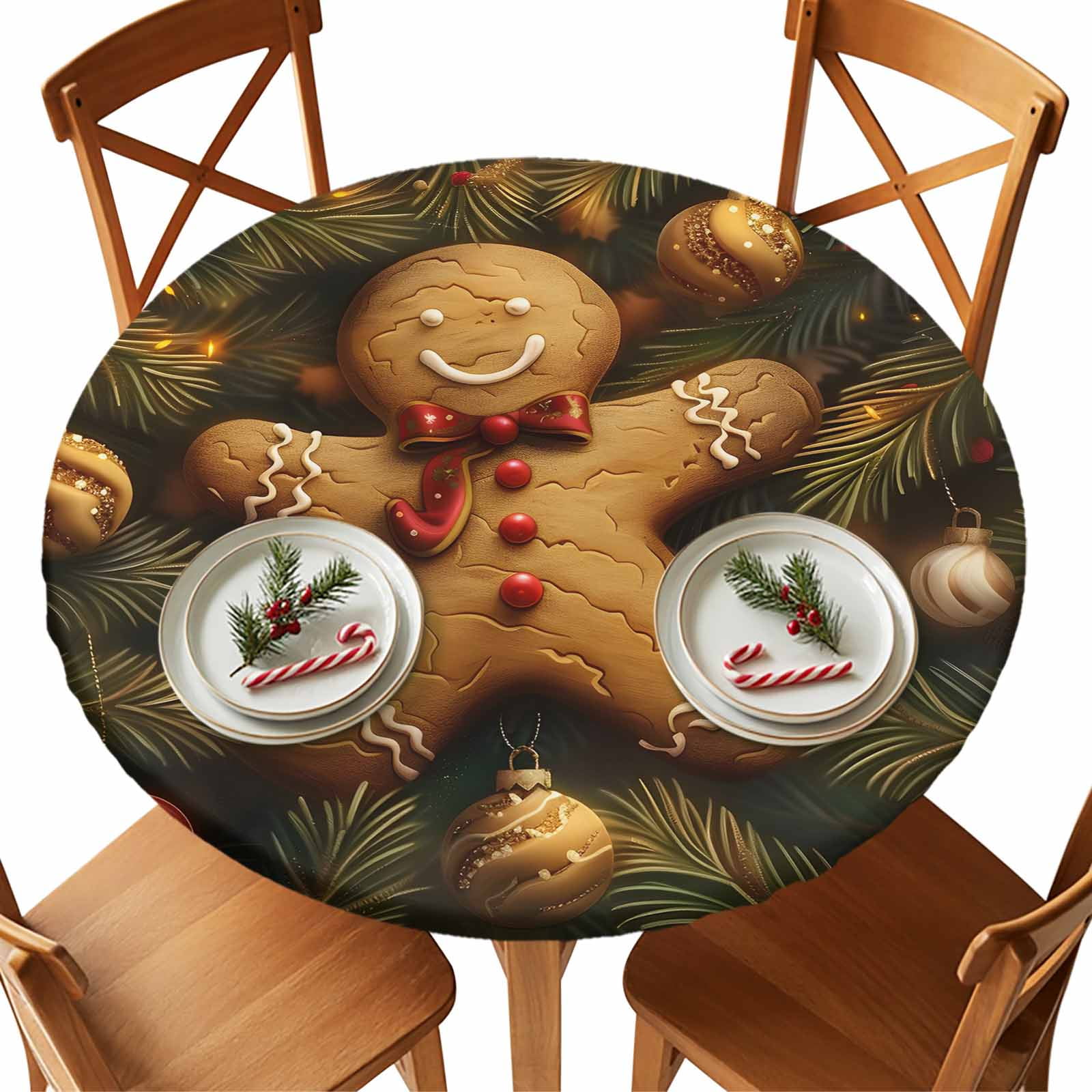 Christmas Round Tablecloth Gingerbread Man Ball Tablecloths with ...