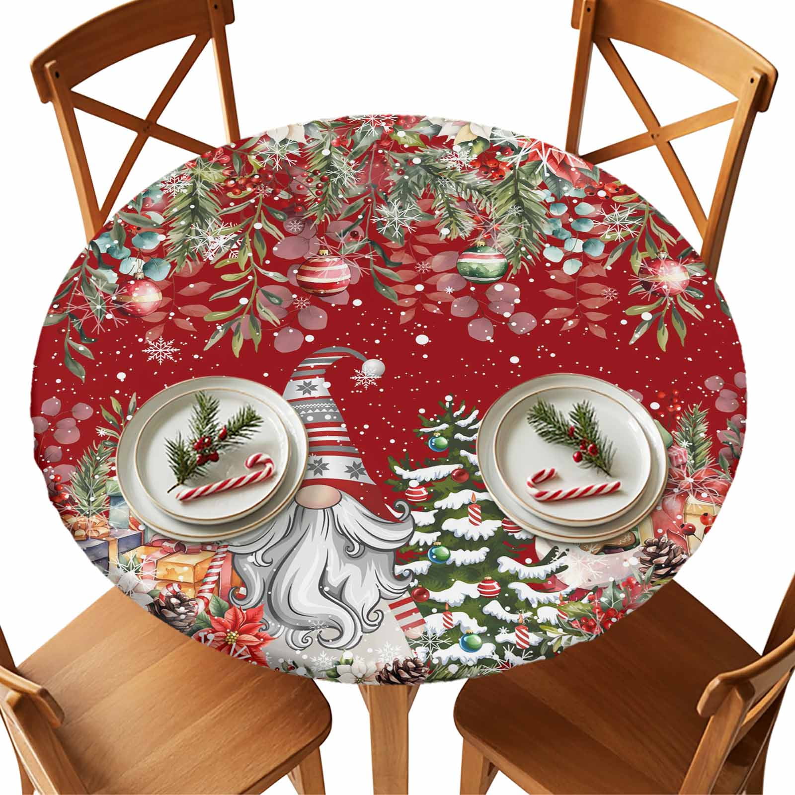 Christmas Round Tablecloth Gnome Xmas Tree Ball Tablecloths with ...