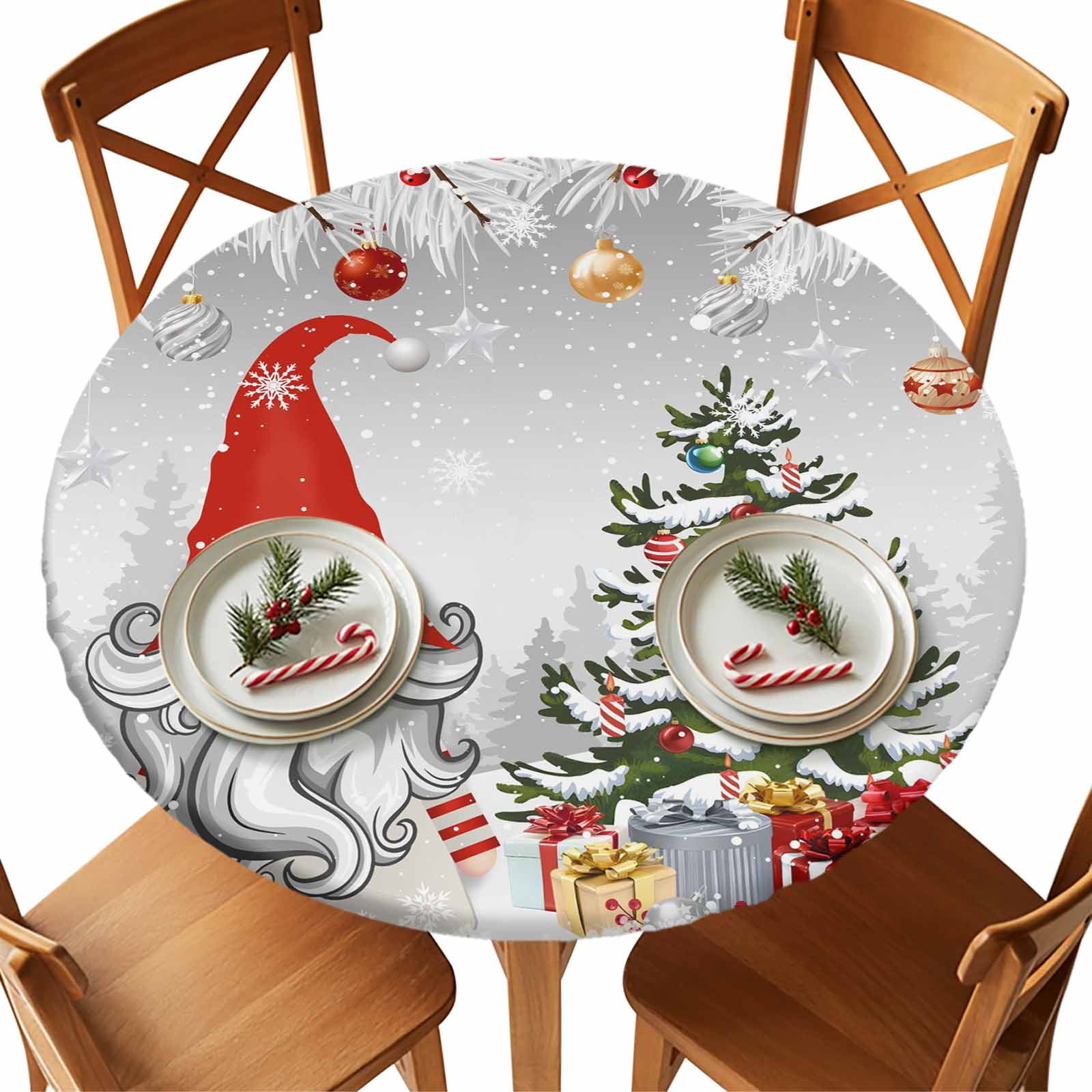 Christmas Round Tablecloth Gnome Xmas Tree Balls Tablecloths with ...