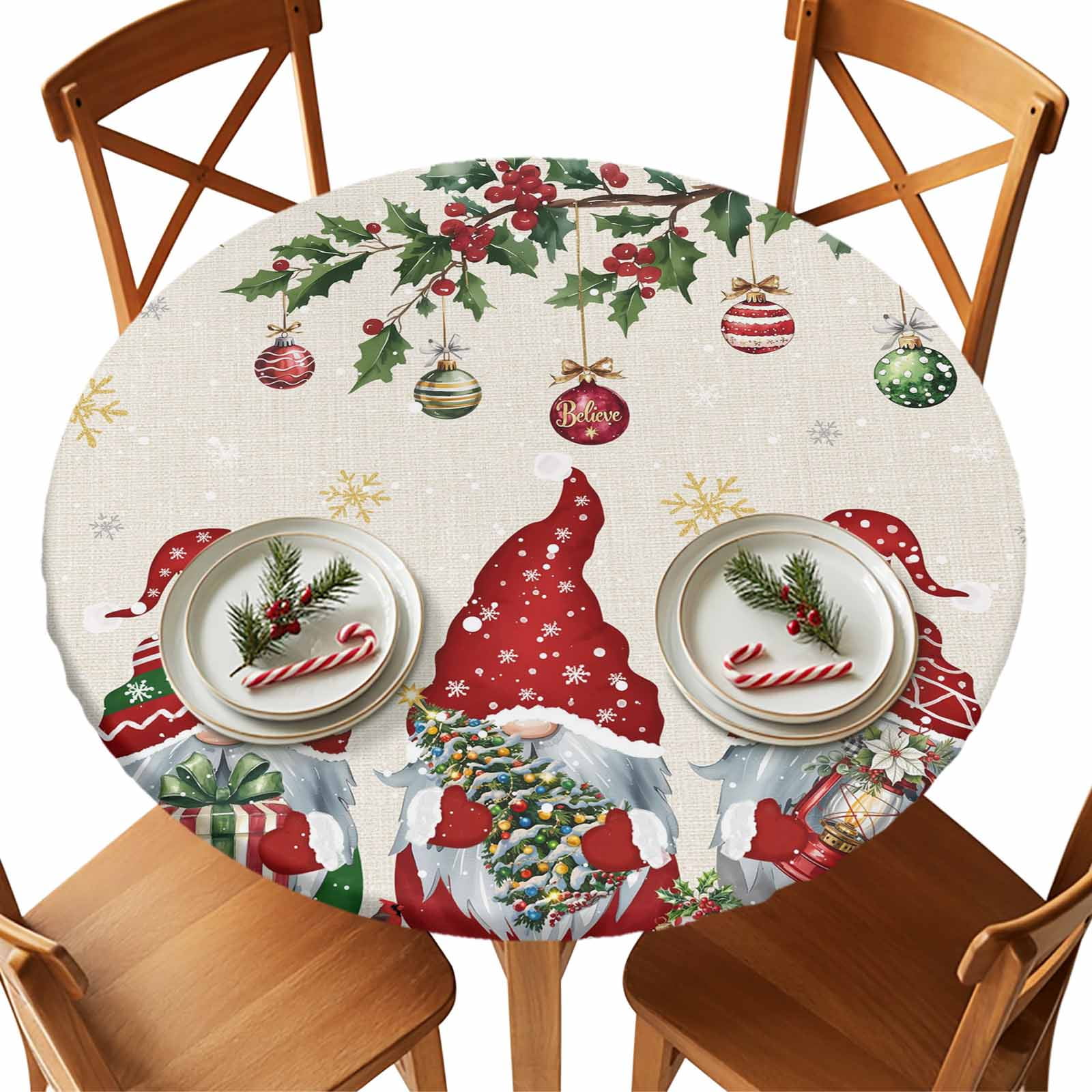 Christmas Round Tablecloth Gnomes Tablecloths with Elastic Edge Fitted ...