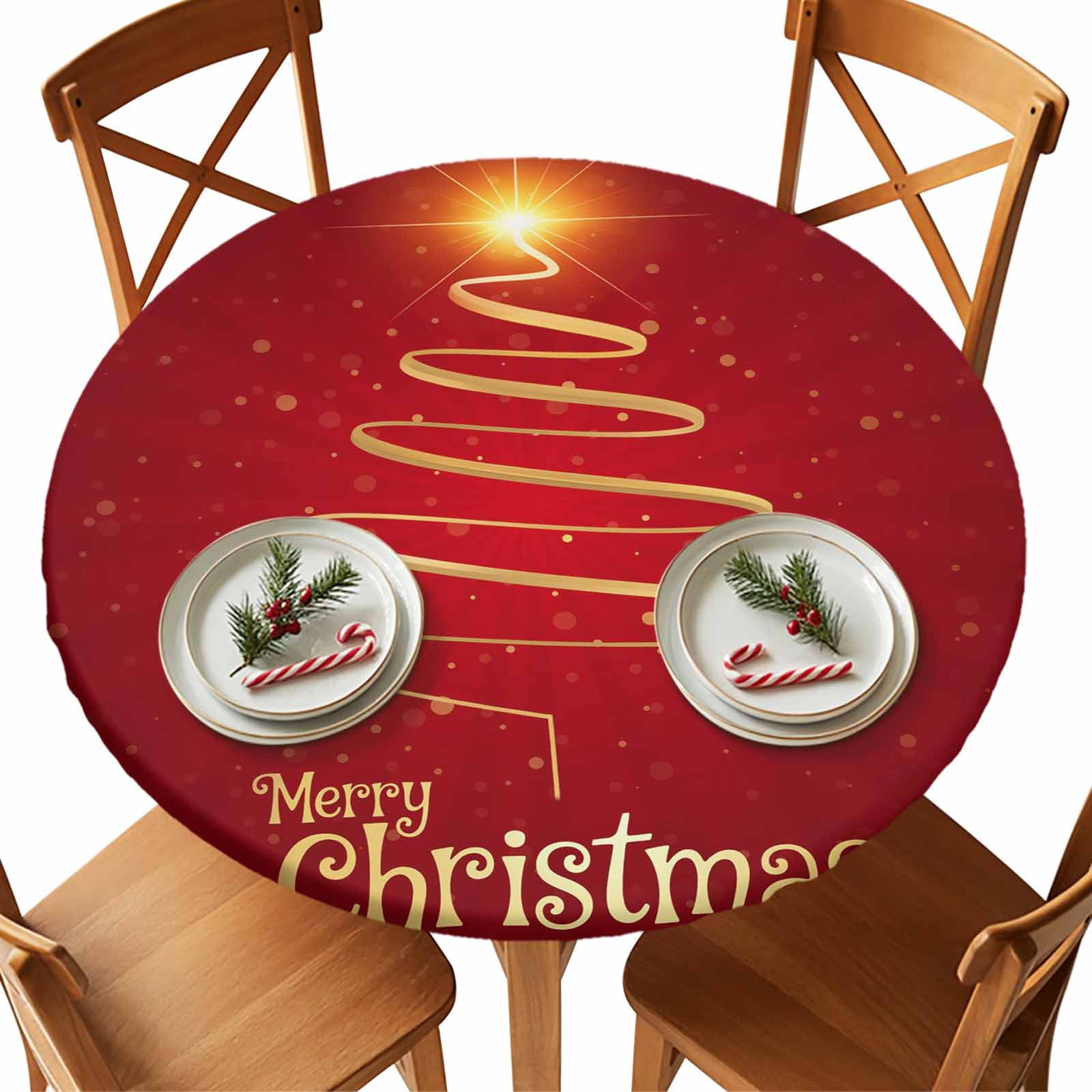 Christmas Round Tablecloth Gold Xmas Tree Tablecloths with Elastic Edge ...