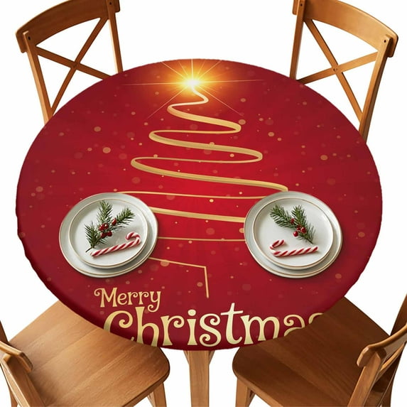 Christmas Round Tablecloth Gold Xmas Tree Tablecloths with Elastic Edge ...