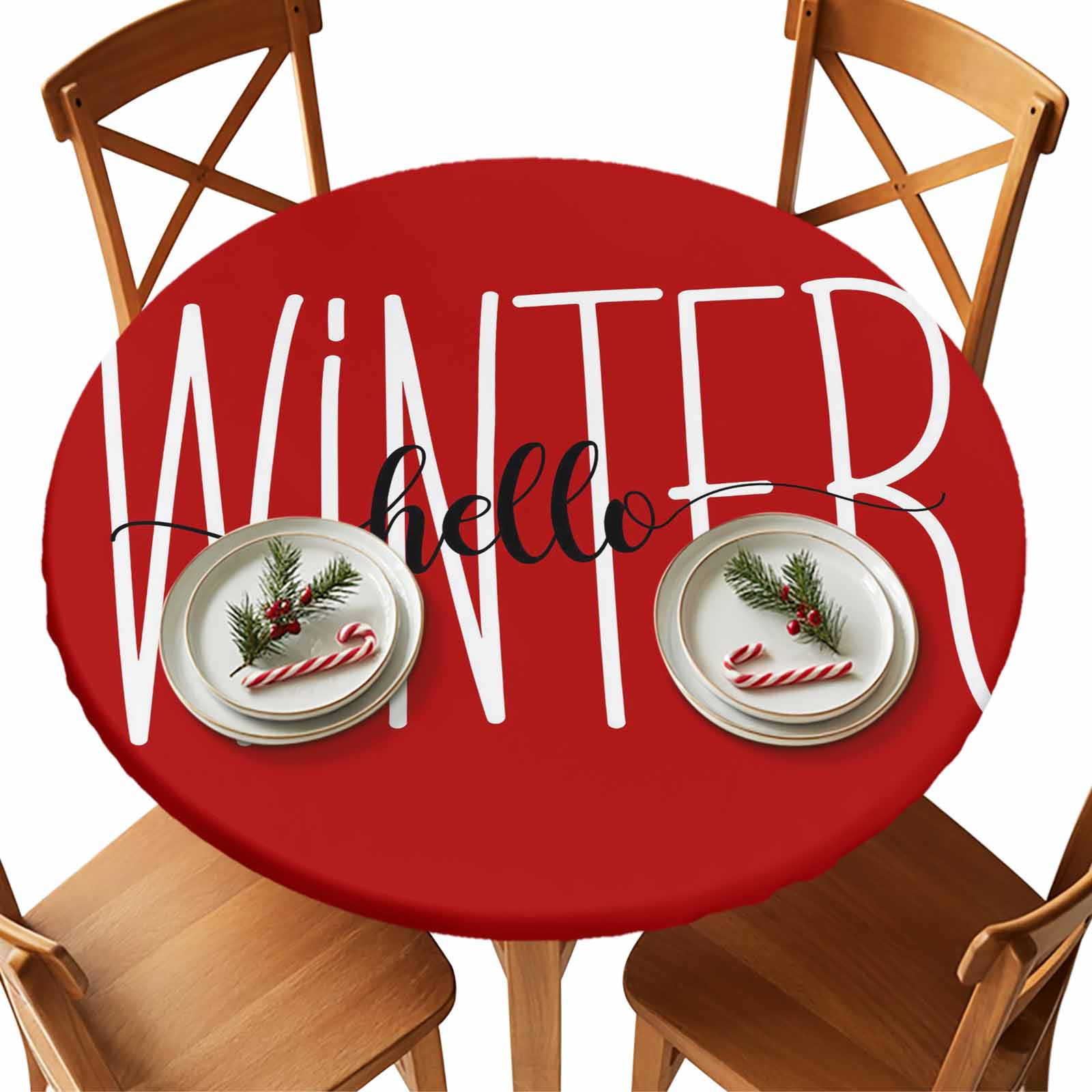 Christmas Round Tablecloth Hello Winter Tablecloths with Elastic Edge Fitted Red Christmas Table ...
