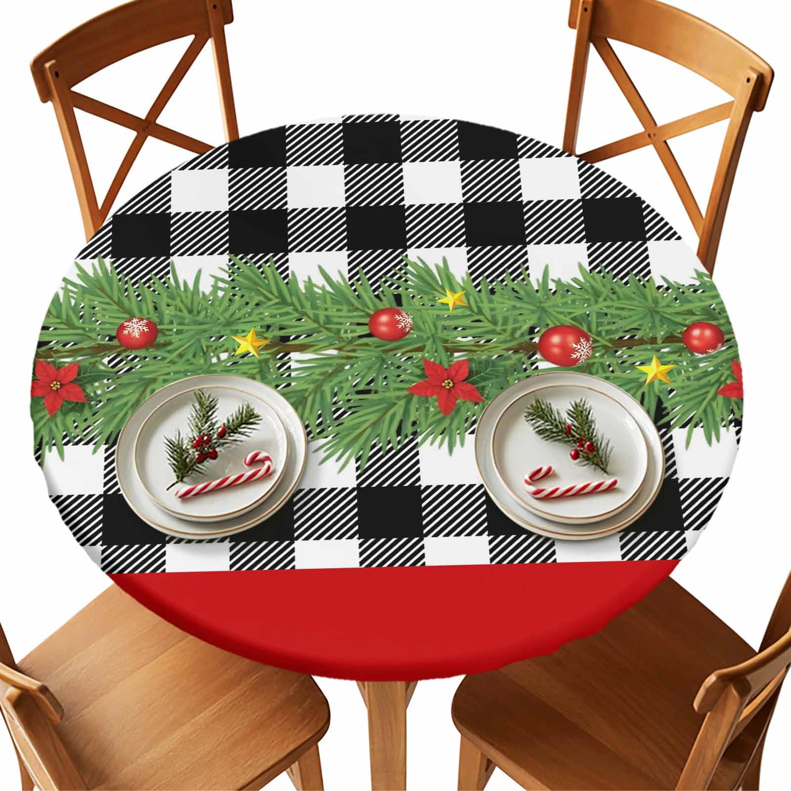 Christmas Round Tablecloth Holly Berry Poinsettia Tablecloths with ...