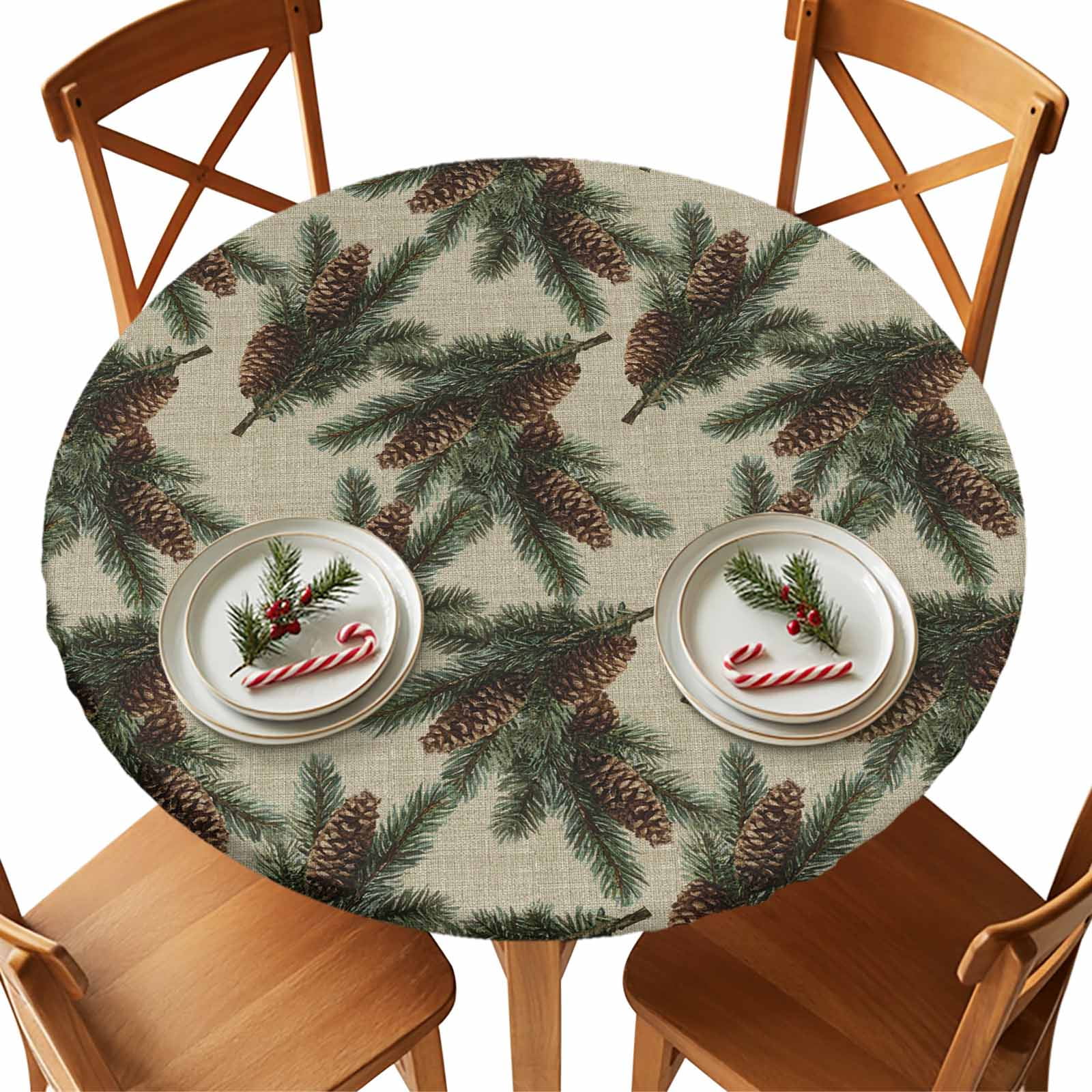 Christmas Round Tablecloth Holly Pine Trees Tablecloths with Elastic ...