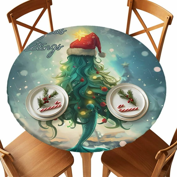 Christmas Round Tablecloth Mermaid Xmas Tree Tablecloths with Elastic ...