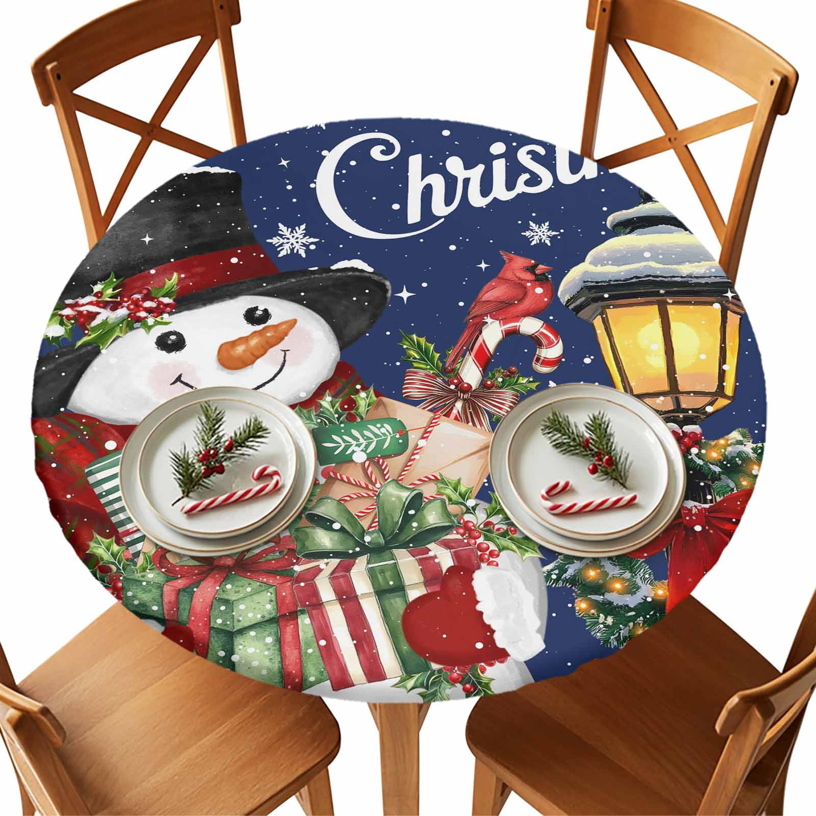 Christmas Round Tablecloth Navy Blue Snowman Tablecloths with Elastic ...