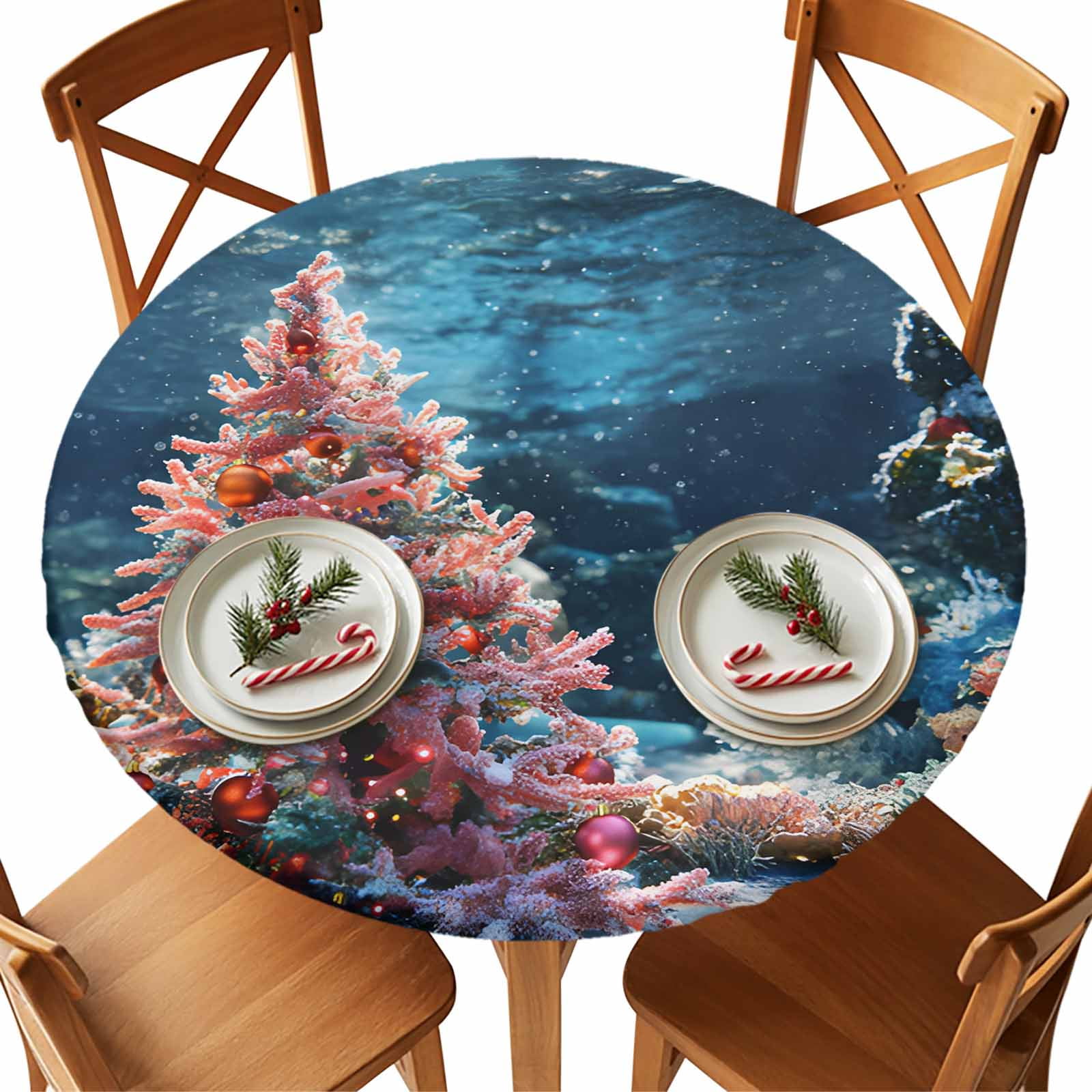 Christmas Round Tablecloth Ocean Coral Pink Tablecloths with Elastic ...