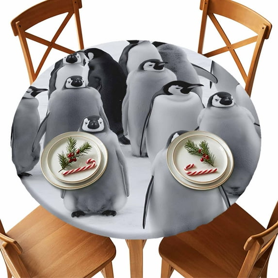 Christmas Round Tablecloth Penguins Tablecloths with Elastic Edge ...