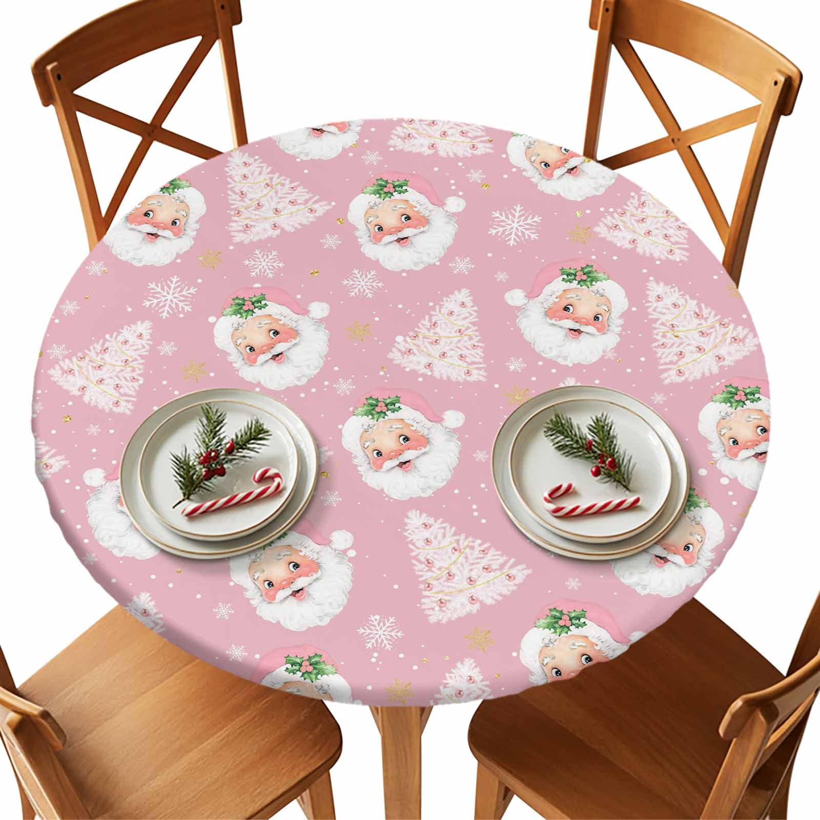 Christmas Round Tablecloth Pink Santa Claus Tablecloths with Elastic ...