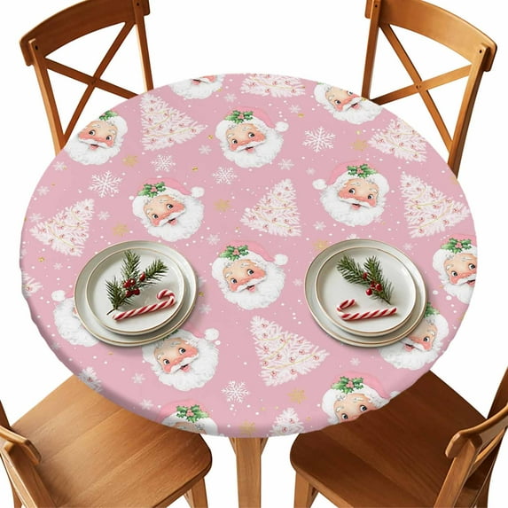 Christmas Round Tablecloth Pink Santa Claus Tablecloths with Elastic ...