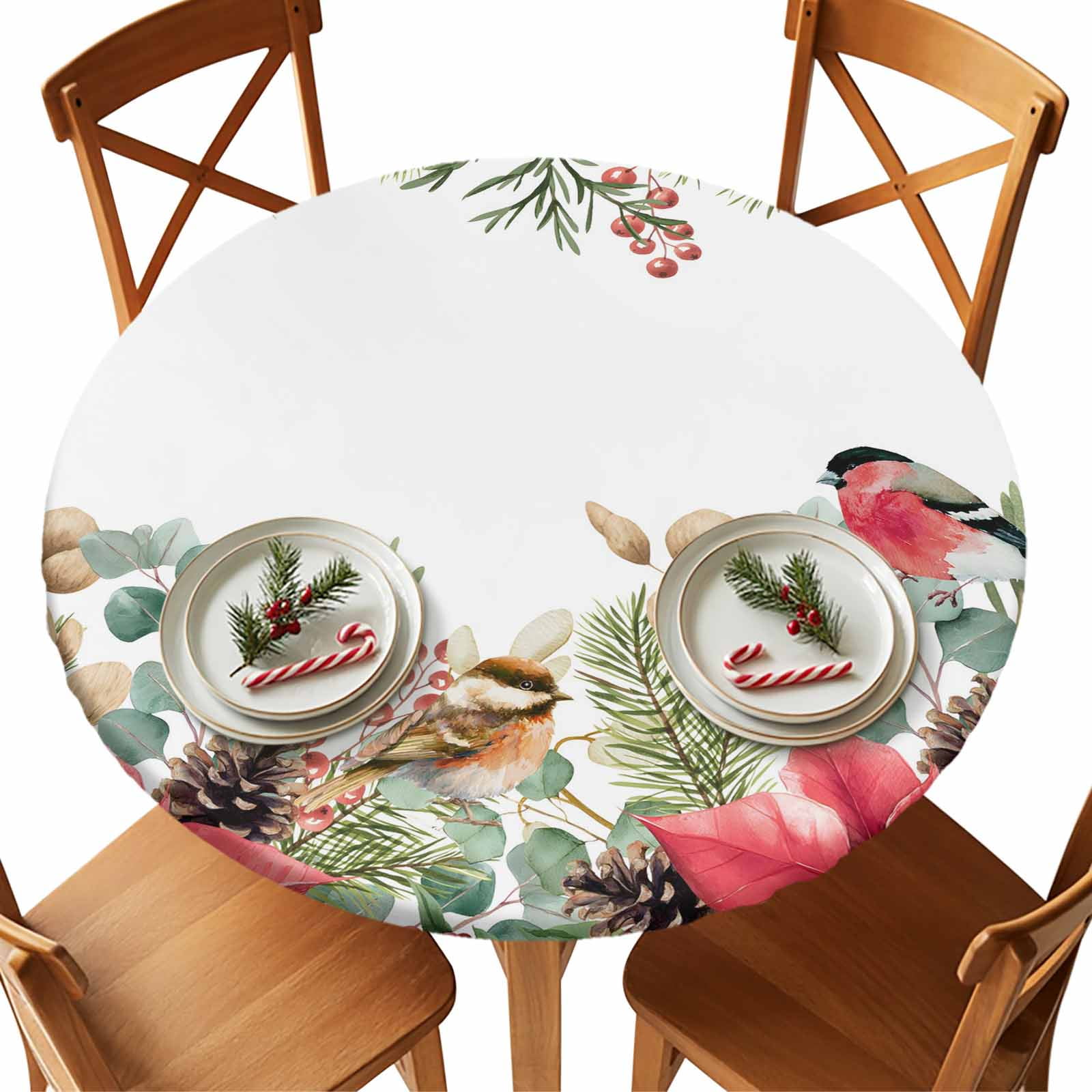 Christmas Round Tablecloth Poinsettia Cardinal Bird Tablecloths Elastic ...