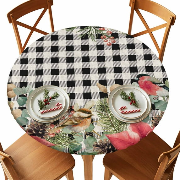 Christmas Round Tablecloth Poinsettia Cardinal Bird Tablecloths Elastic ...